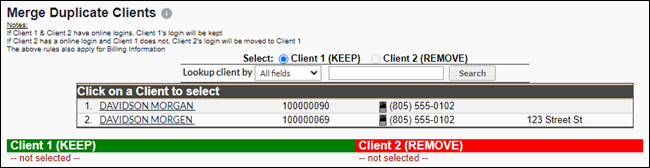 Merge Duplicate Clients tool