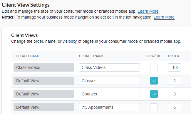 Client View Settings screen