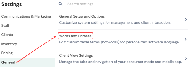 Words and Phrases screen