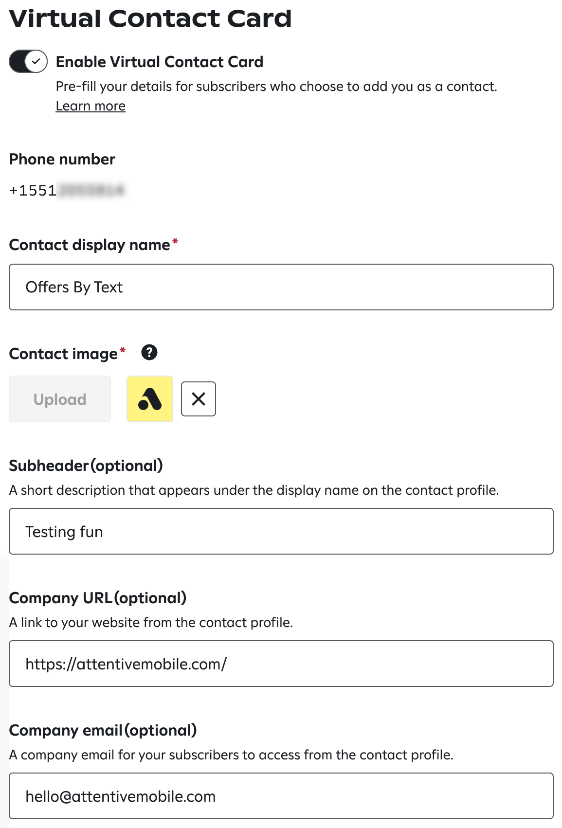 Contact cards (Attentive SMS & Email)
