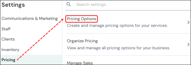 Pricing Options on the Settings screen