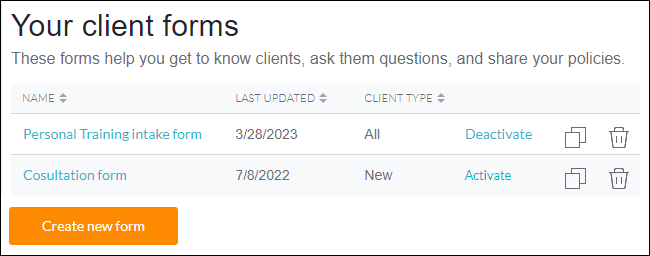 Client Forms screen