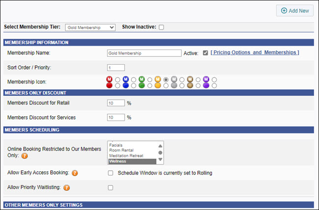 Membership Settings screen