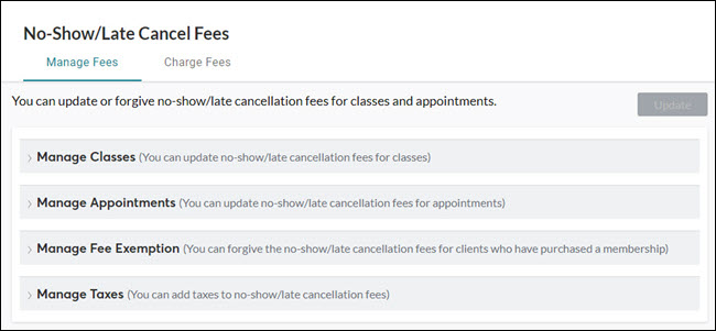 No-Show/Late Cancel Fees screen overview