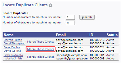Locate Duplicate Clients tool