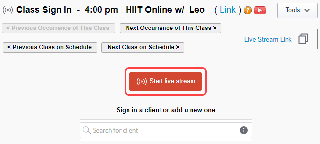 Class Sign In screen