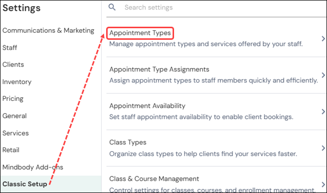 Appointment Types screen
