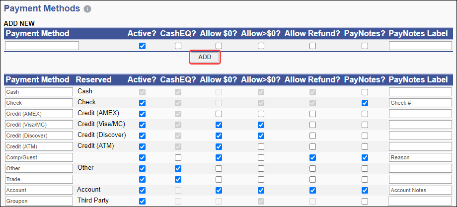 Payment Methods screen