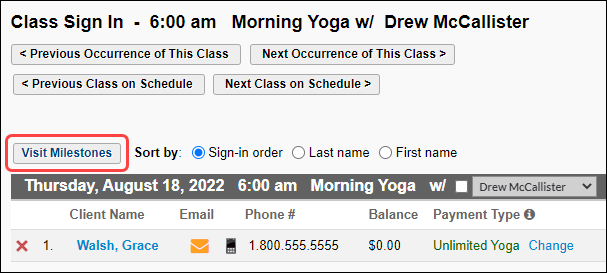 Class Sign In screen