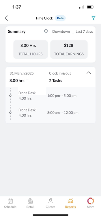 Time Clock report (Mindbody Business app)