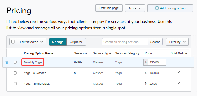 How to edit pricing options on the Pricing screen