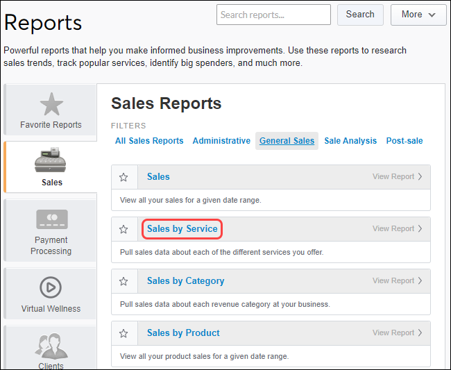 Sales by Service report