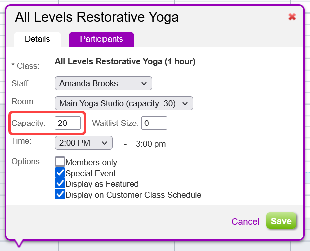How do I change the capacity of a class? (Booker Version 1)