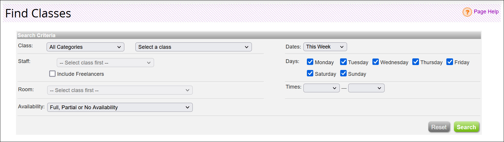 Find Classes page (Booker Version 1)