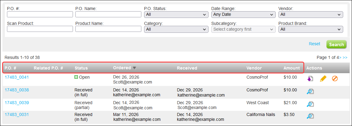 Manage purchase orders page overview (Booker)