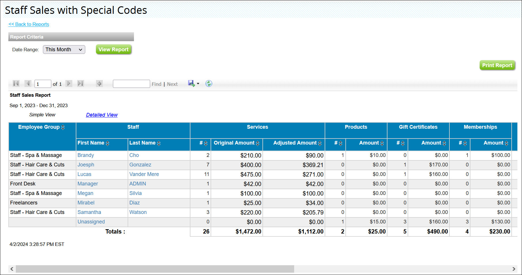 Staff Sales with Special Codes Report (Booker)