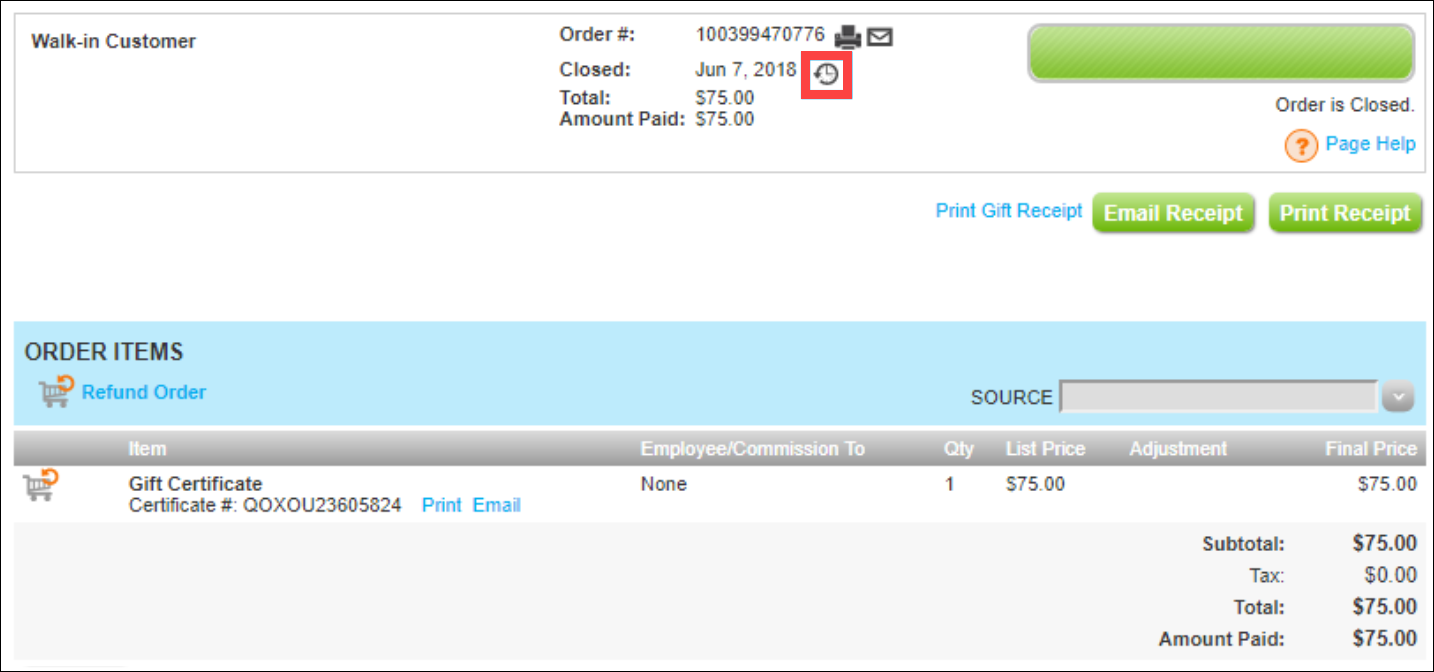 How to view an order's history (Booker Version 1)