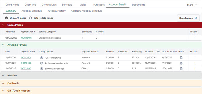 Client Account Details screen