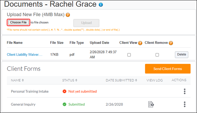 Client Documents screen